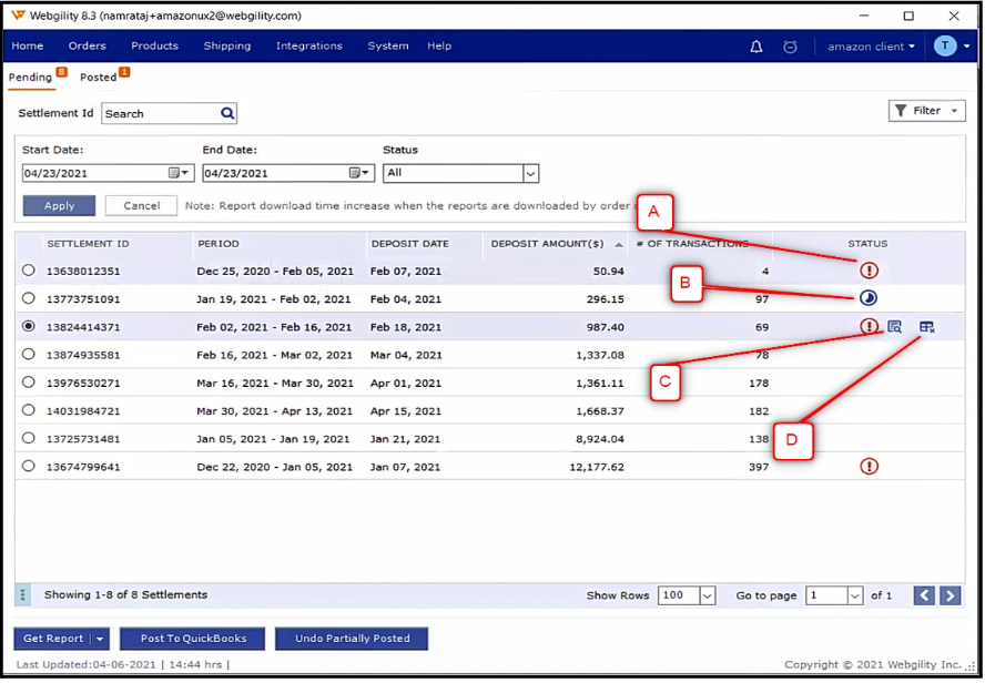 Settlement Report Statuses in Webgility Desktop